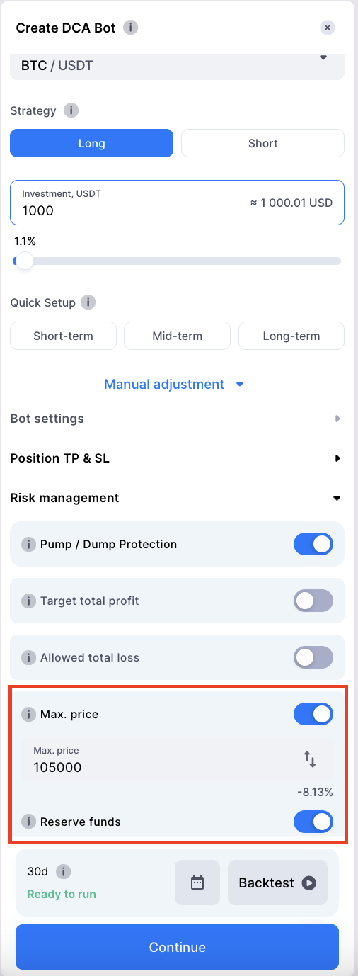 How the Max Price and Reserve Funds Options Work in the DCA Bot – Bitsgap